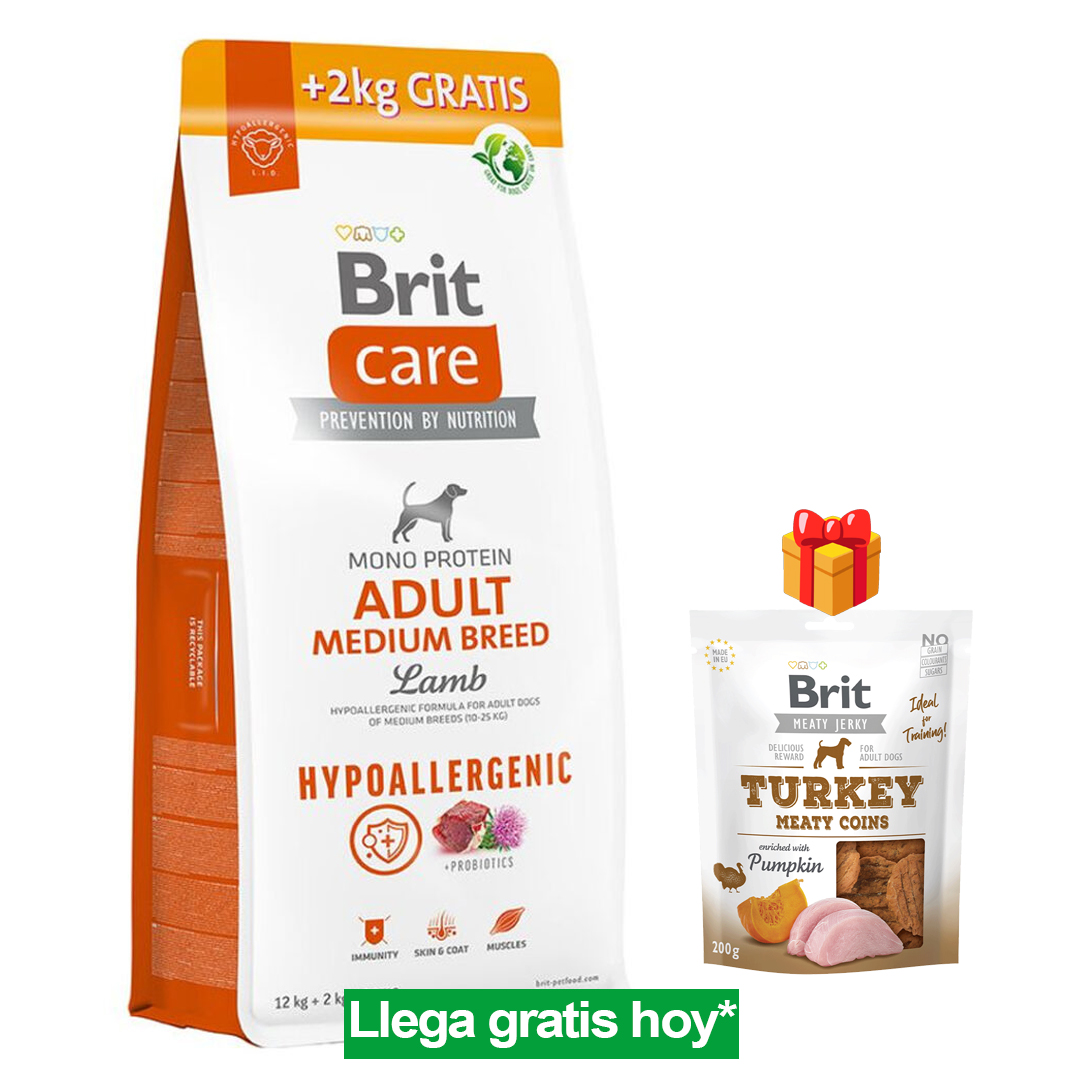 Brit Care Dog Hypoallergenic Adult Medium Breed Lamb 12kg + 2kg + Snack ...